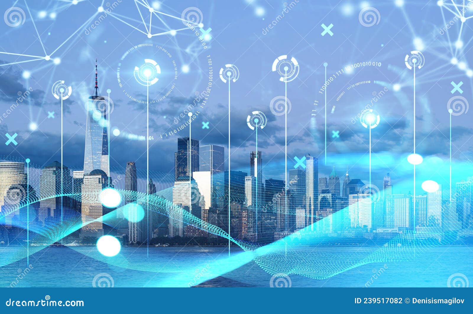 Metaverse Hologram, Digital Network and Binary. Office Buildings Stock ...