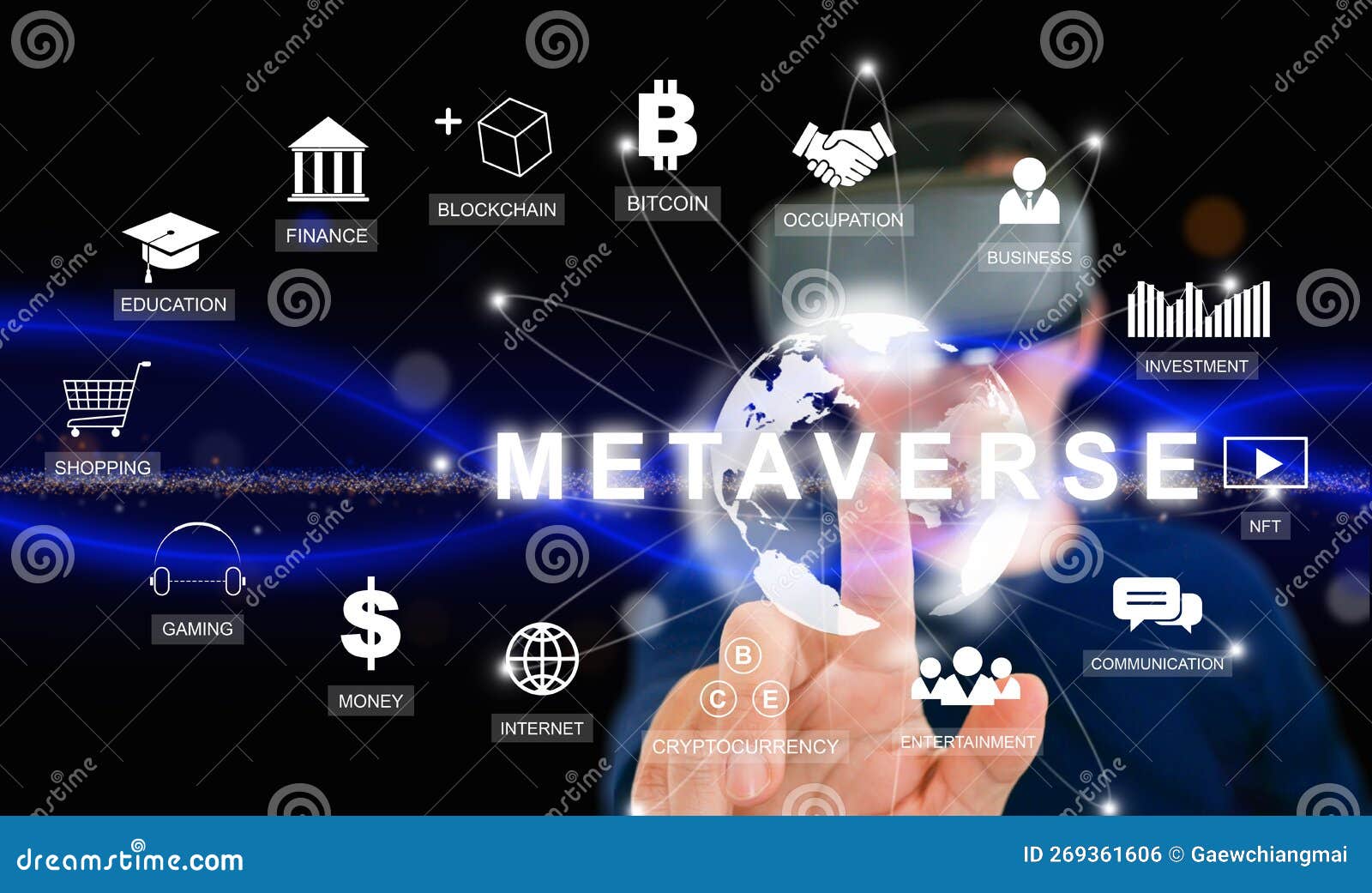 Metaverse. A Man Wearing VR Glasses Activates Metaverse With A Simple ...