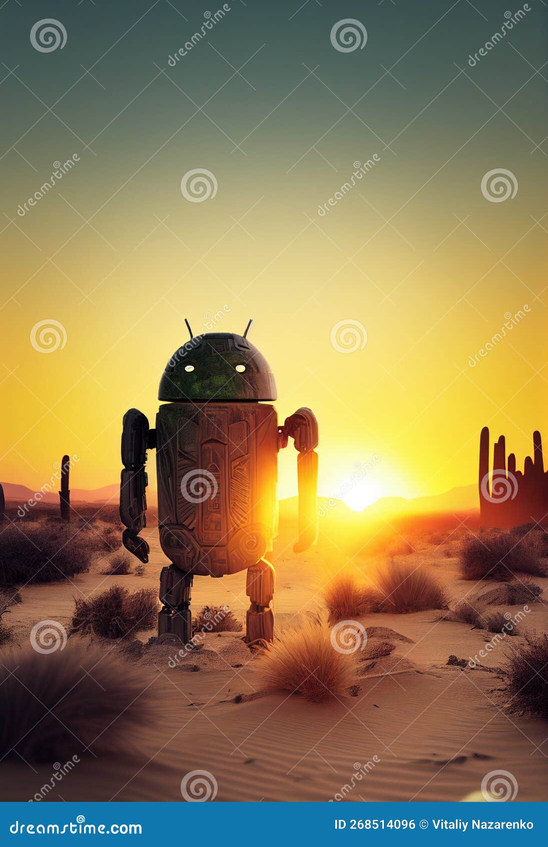 Metellic Robot in the Desert at Sunset. AI Generated Stock Illustration ...