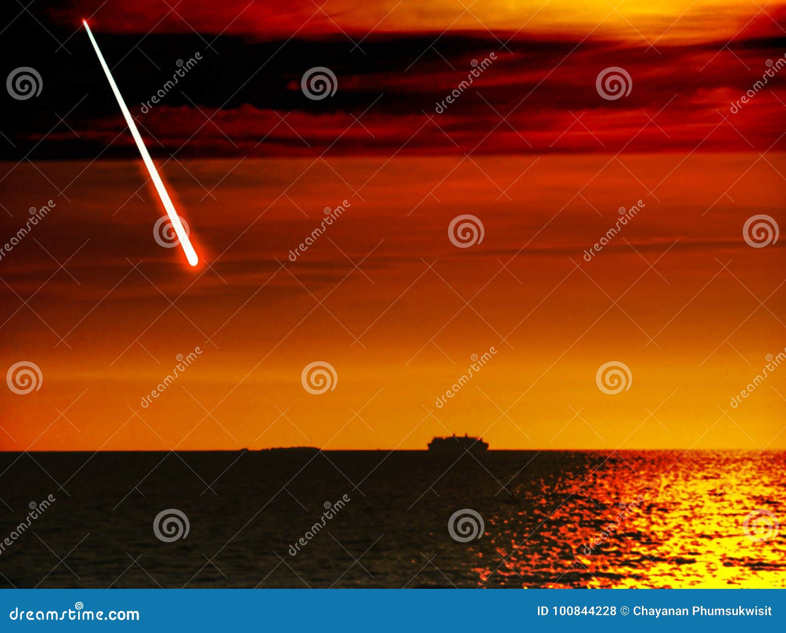 Meteor Fall from Space Dark Sea in Sunset Stock Photo - Image of ...