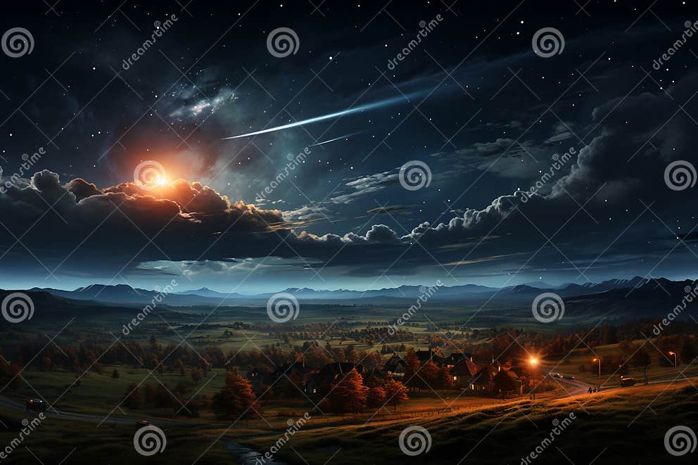 Meteor Falling on Earth in Night Sky, Meteor Shower Stock Photo - Image ...
