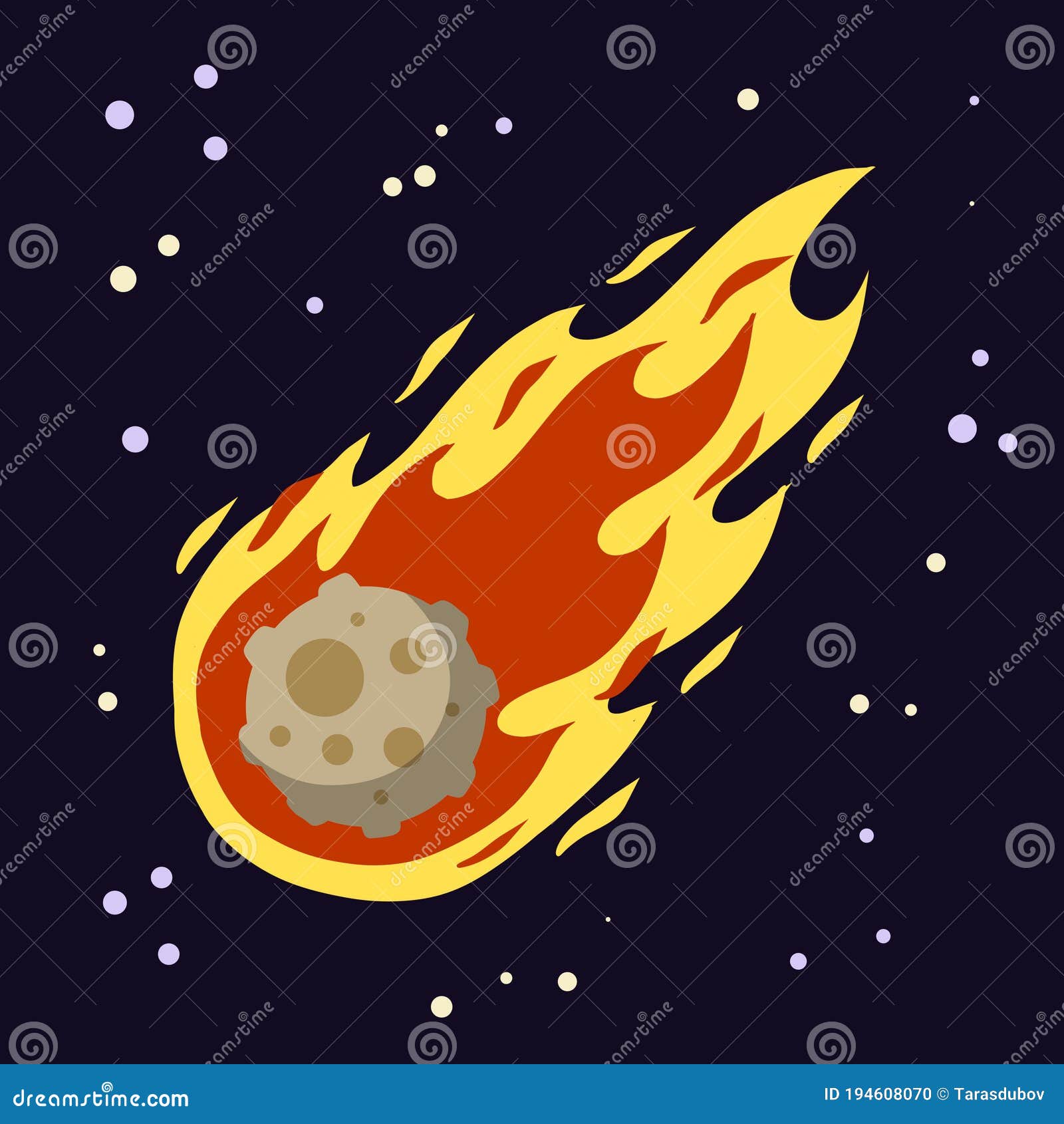 Meteor with Trail of Fire. Flying in Sky. Stars and Astronomy. Cartoon ...