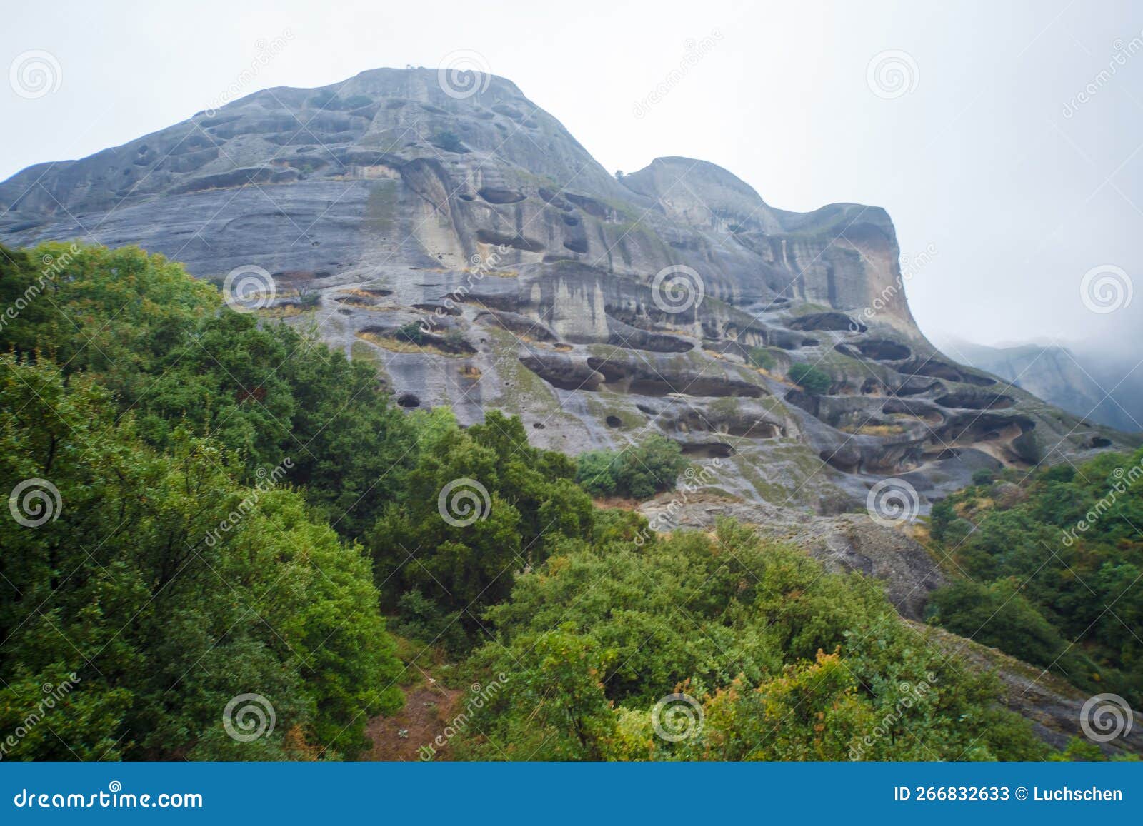 Meteora Rocks in Greece in the Fog Stock Image - Image of stone ...