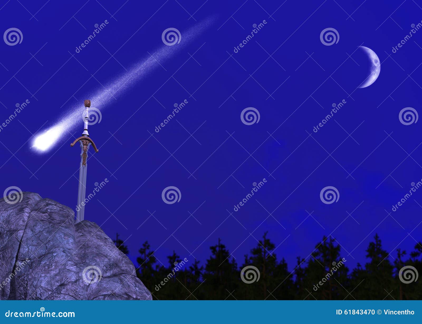 Shooting Stars Passing By A Fallen Sword Illustration Stock Photo ...
