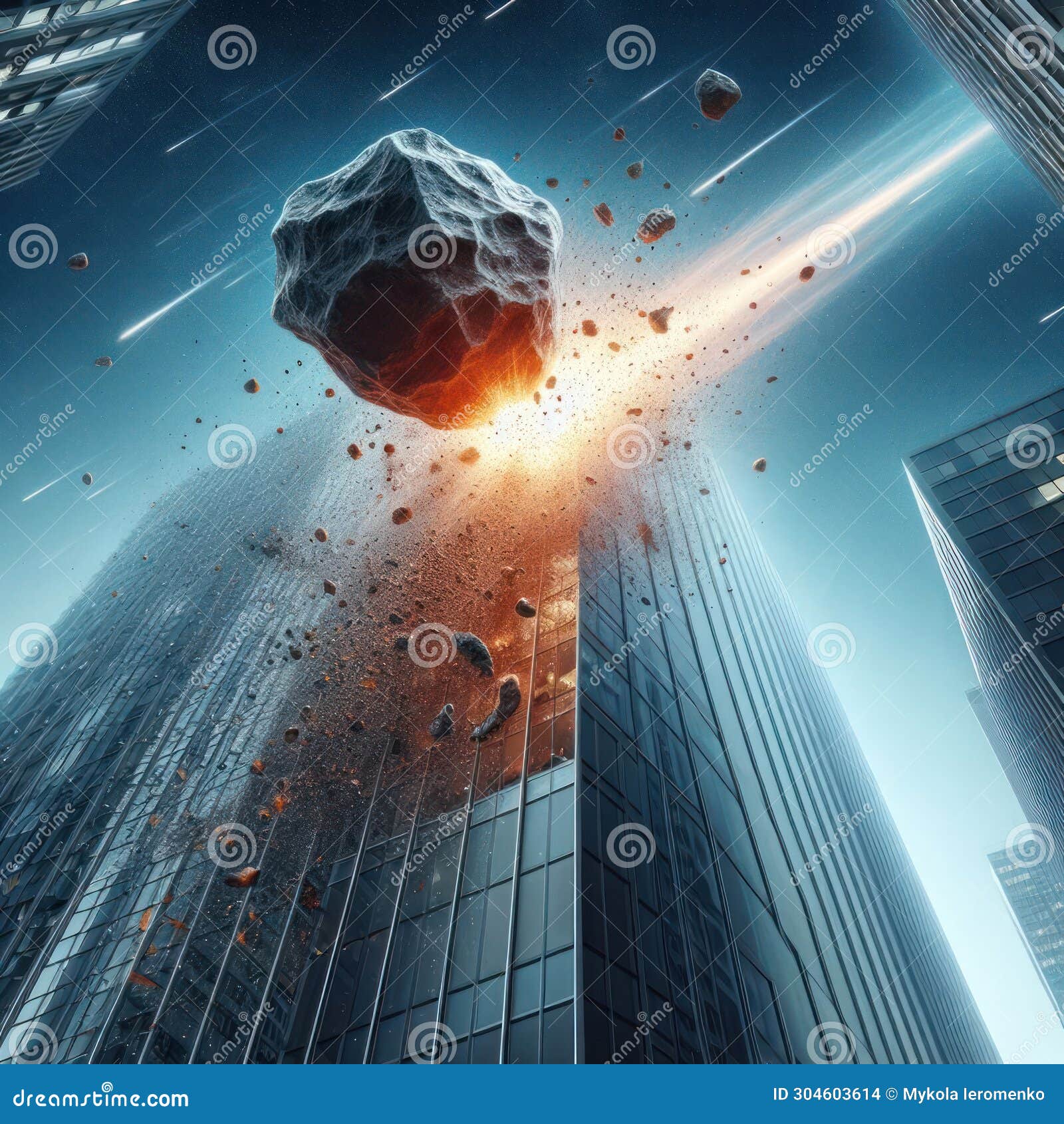 A Meteorite Falling into a Skyscraper. Stock Illustration ...
