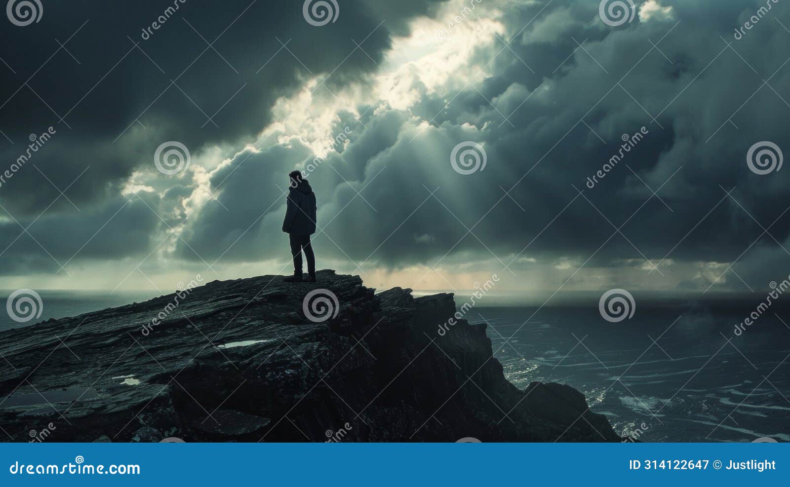 The Meteorologist Stands on a Cliff with Brooding Storm Clouds Behind ...
