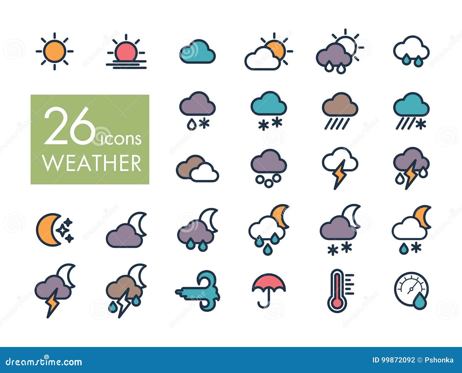 Meteorology Weather Flat Icons Set Stock Vector - Illustration of sunny ...