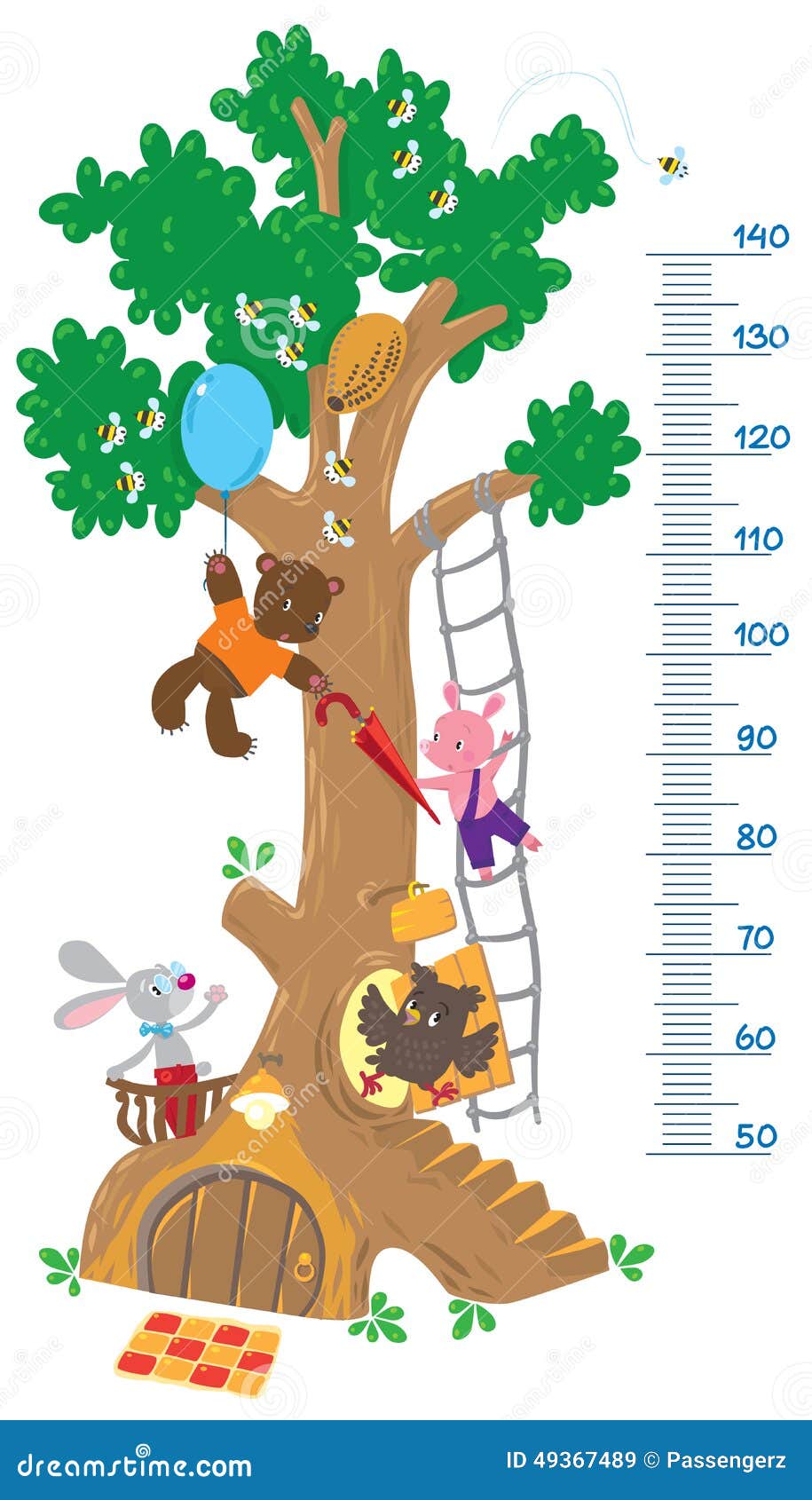 Meter Wall with Big Tree and Funny Animals Stock Vector - Illustration ...
