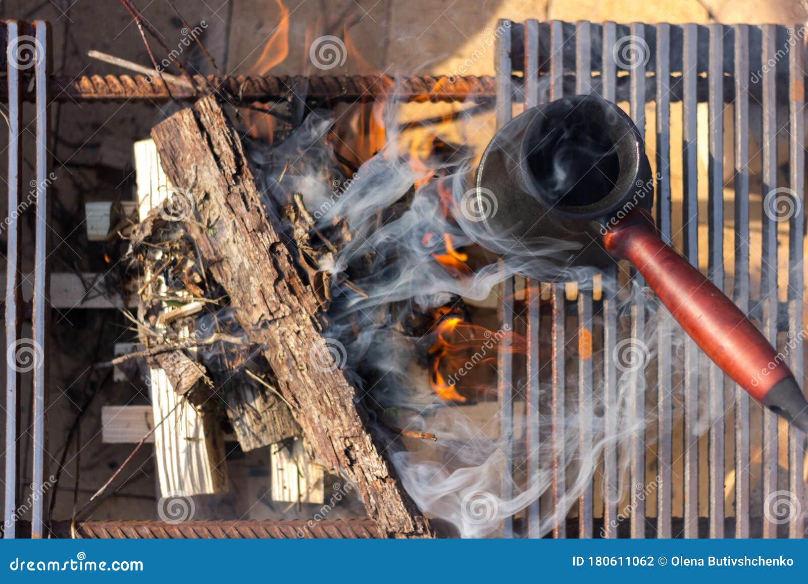 A Method of Making Coffee on Fire. Beautiful Flames and Smoke Around ...