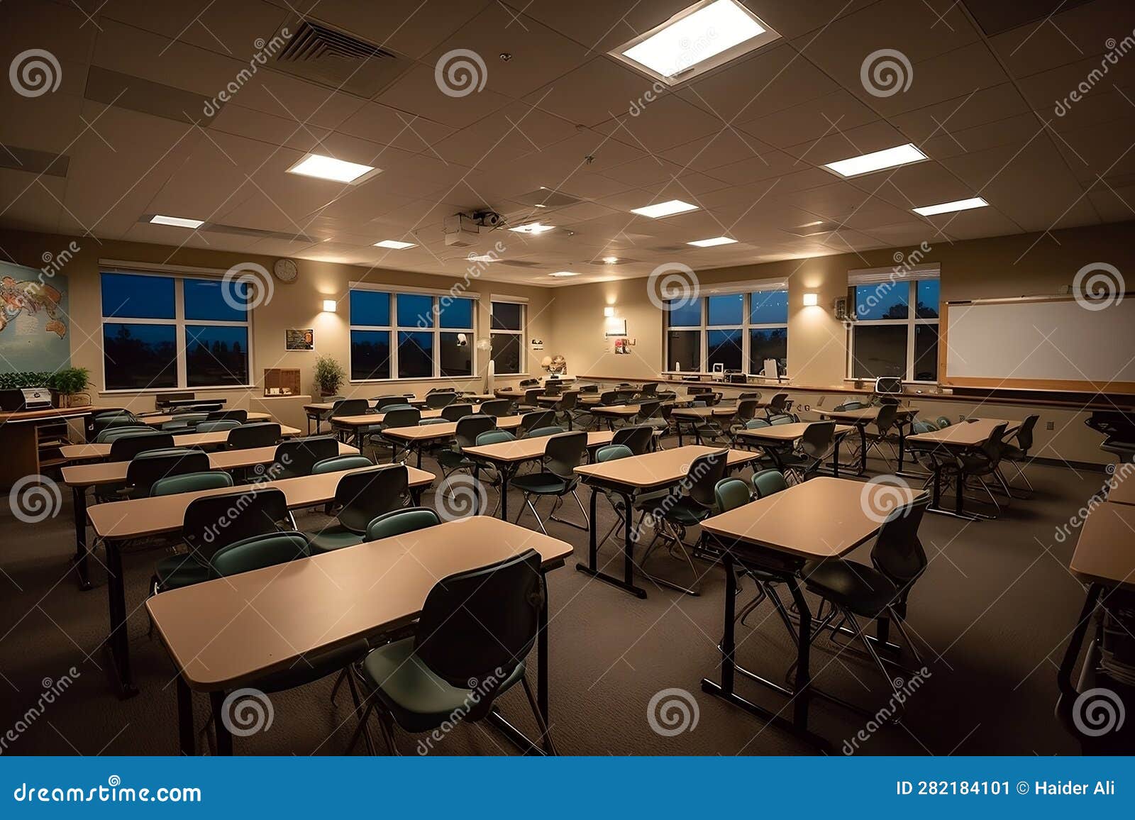 A Well-lit Classroom With Empty Desks And A Chalkboard Displaying ...