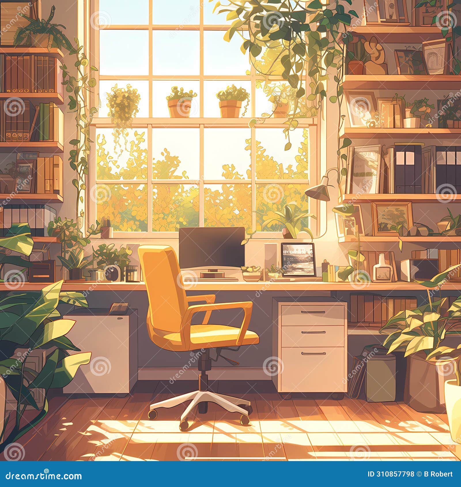 Cozy Home Office Scene stock illustration. Illustration of lighting ...