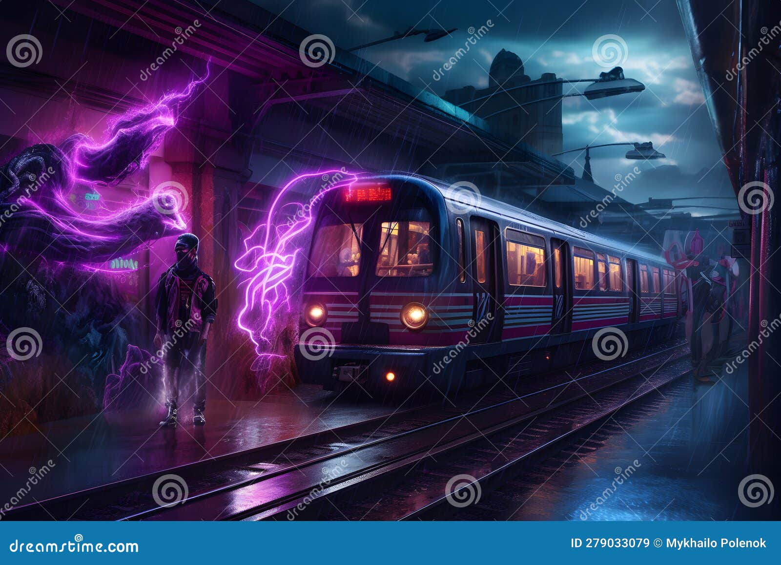 Metro Future Neon in Synthwave Style. Neural Network AI Generated Stock ...
