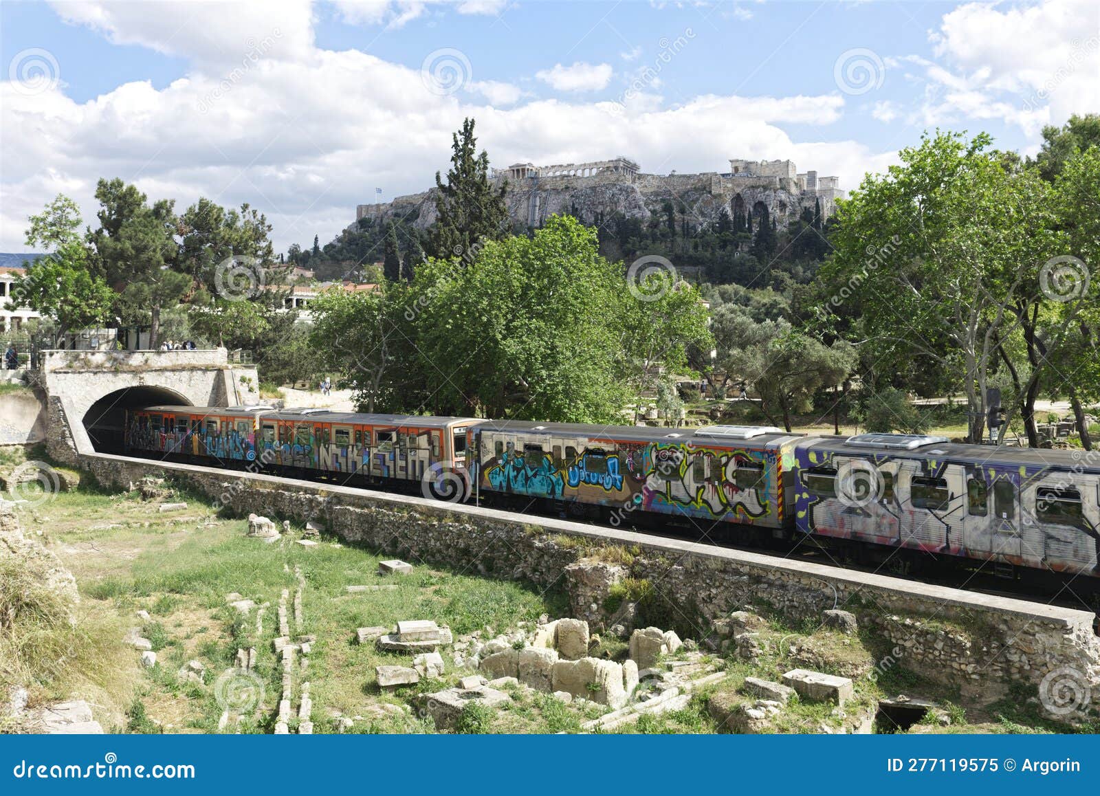 Subway Train Passes through Area of Acropolis in Athens Stock Image ...