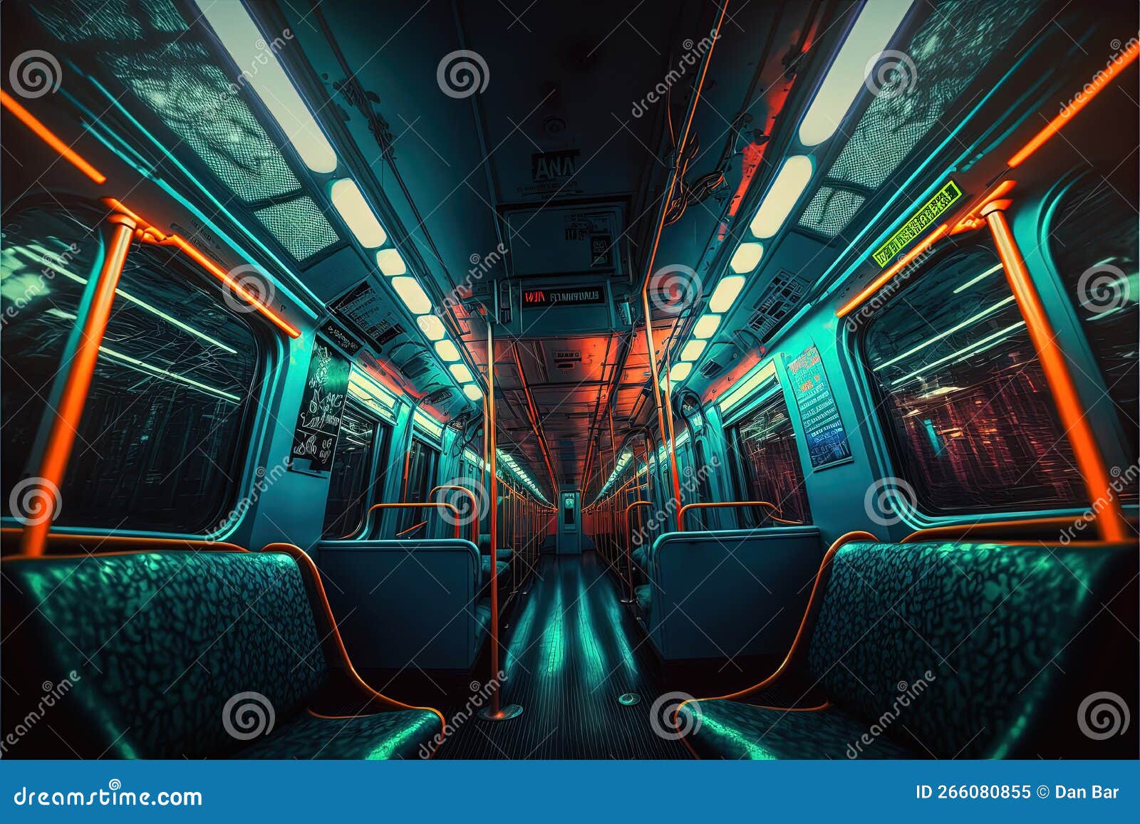 Metro Train Interior with Neon Lights, Generative Ai Stock Illustration ...