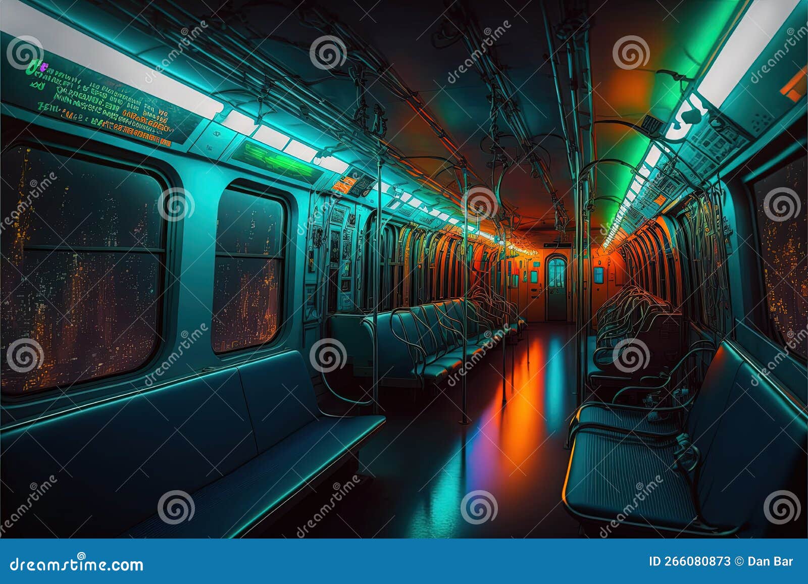 Metro Train Interior with Neon Lights, Generative Ai Stock Illustration ...