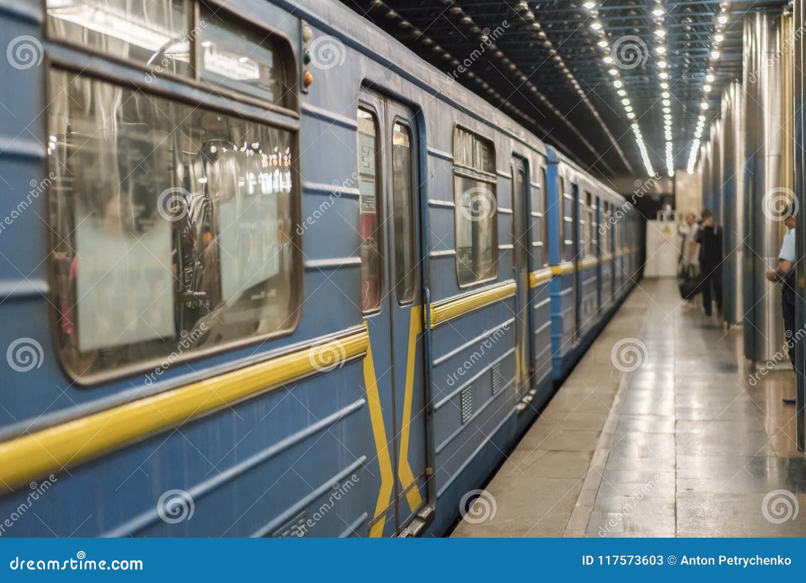 Metro Train on the Platform. Blue Subway Train on the Underground ...
