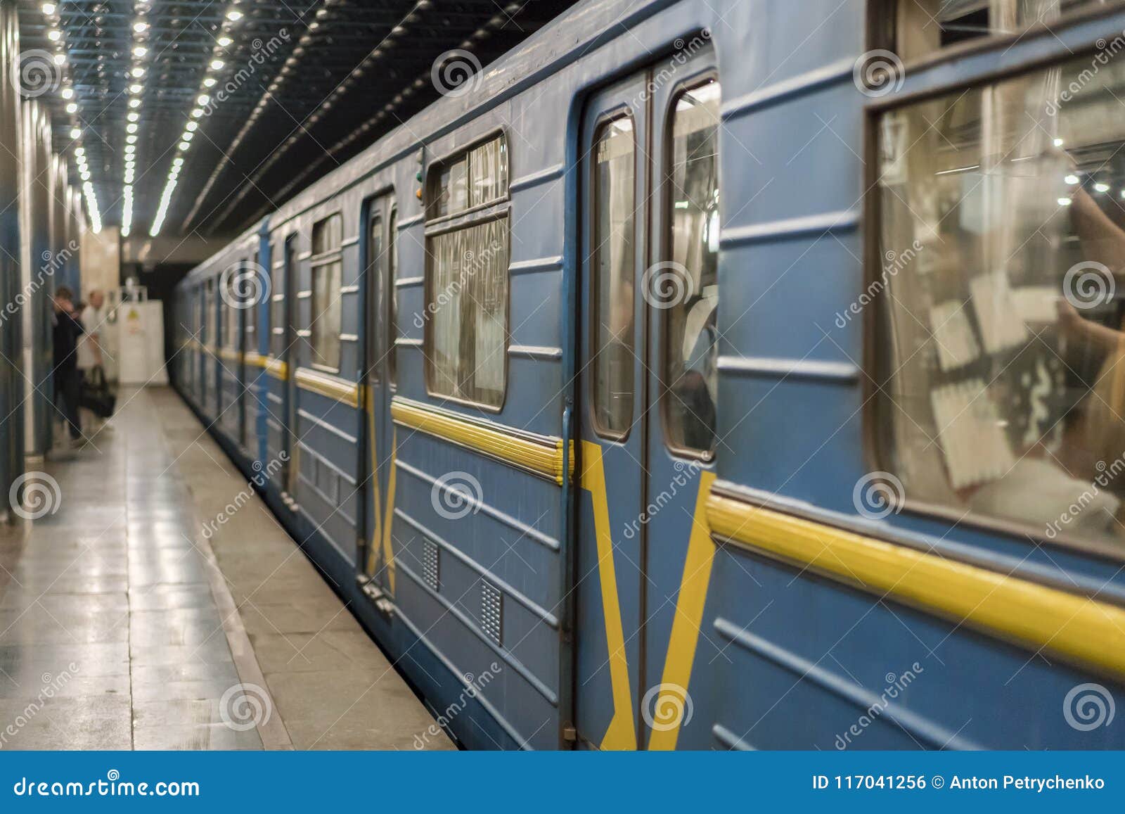 Metro Train on the Platform. Blue Subway Train on the Underground ...