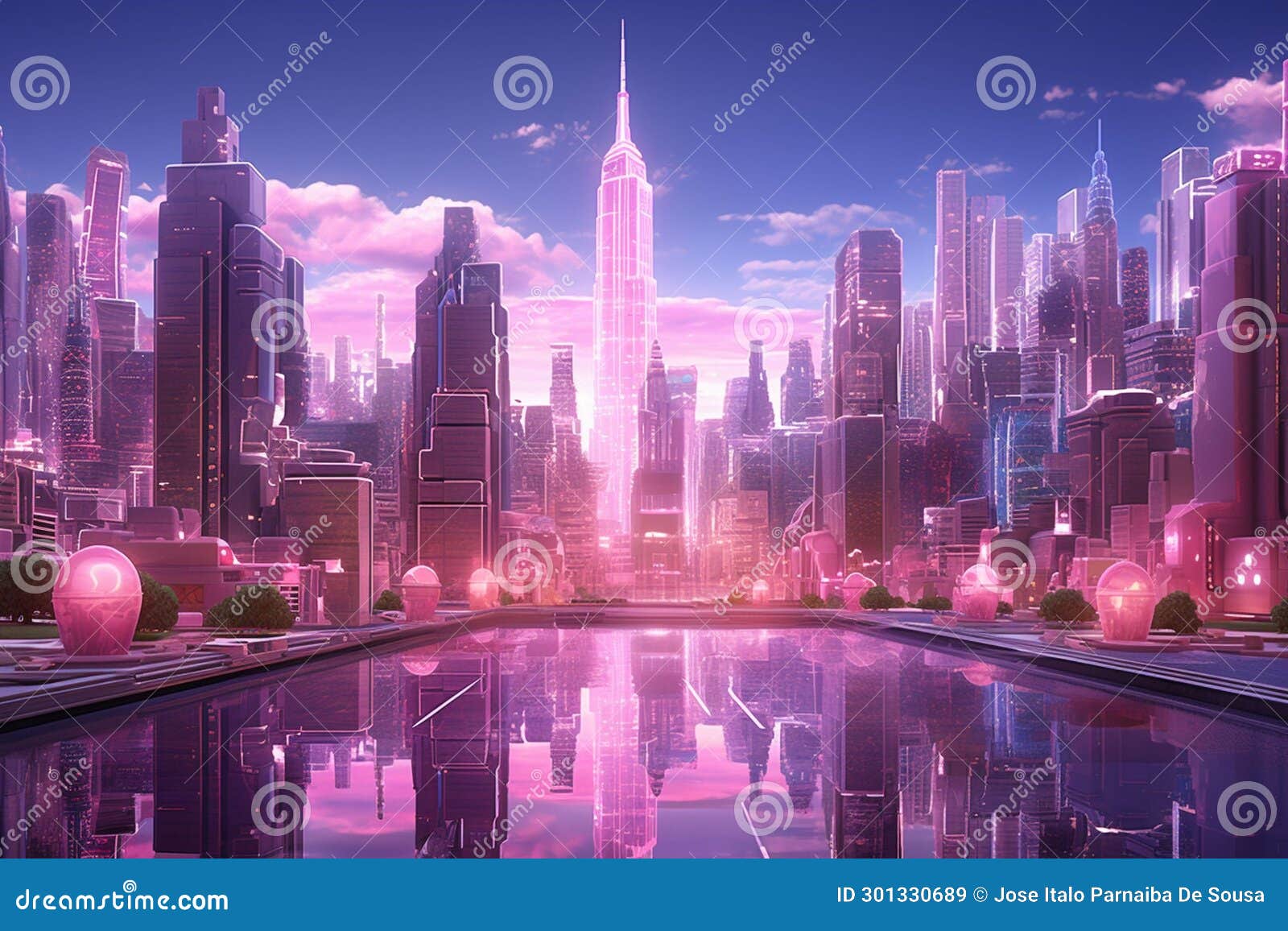 Metropolis in Pink City Skyline Lit Up with Pink Stock Illustration ...