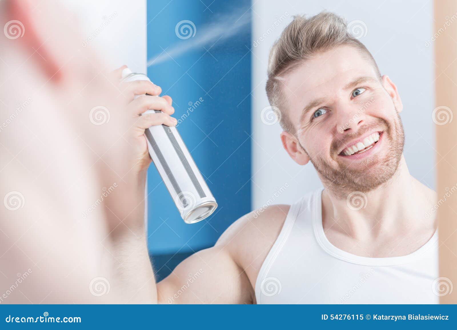 Metrosexual Man Using Hair Spray Stock Image - Image of morning ...