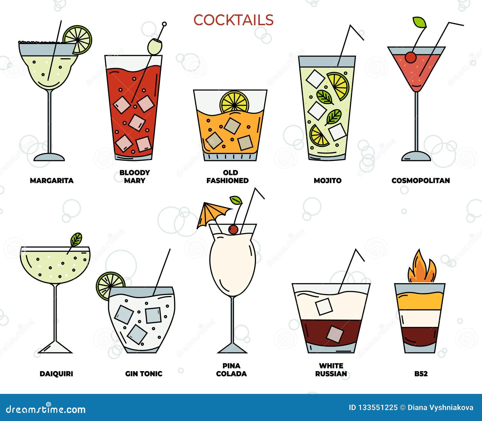 Metta Dei Tipi Differenti Di Cocktail Dell'alcool Illustrazione ...