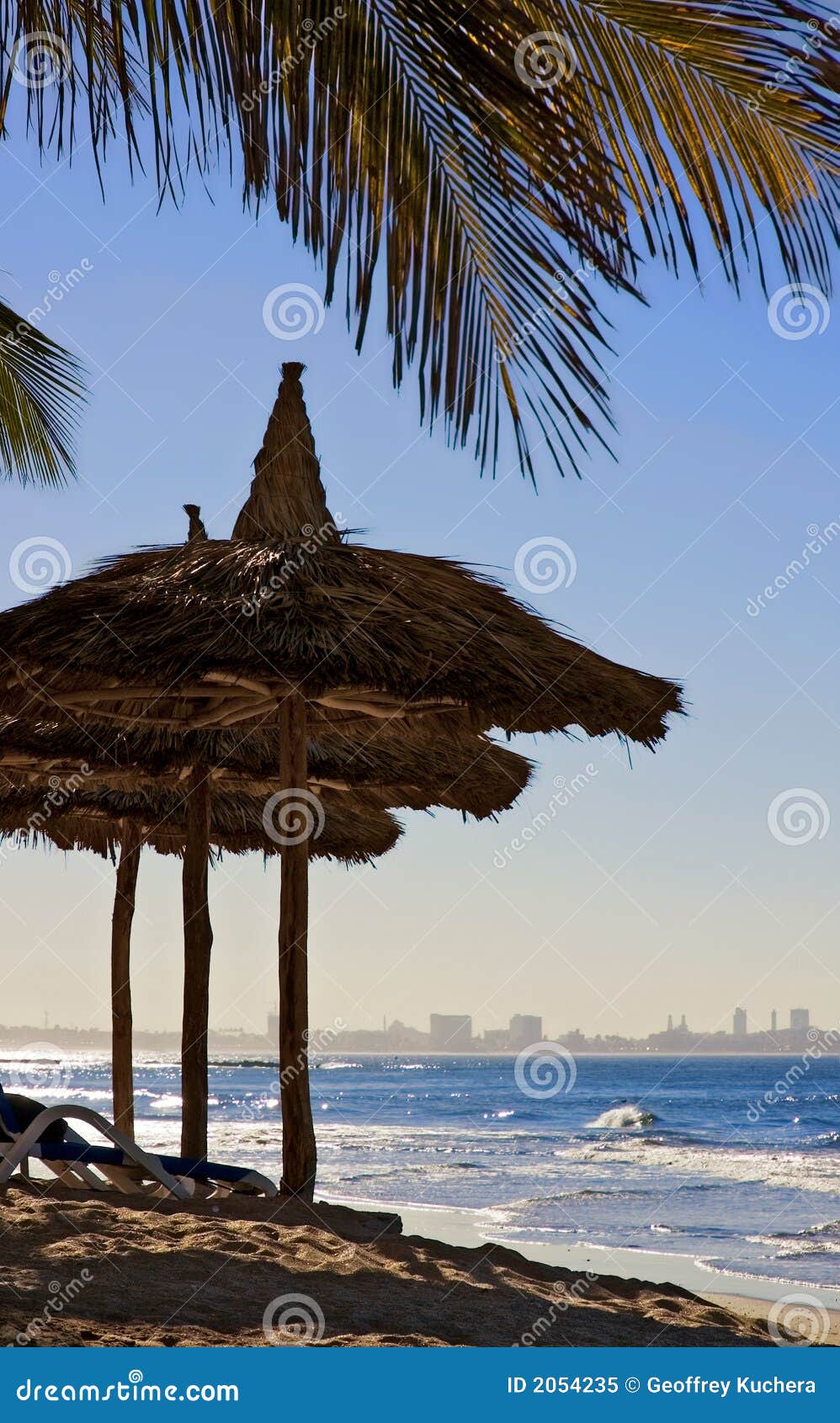 Mexican Beach with Palm Trees and Thatched Umbrellas Stock Image ...