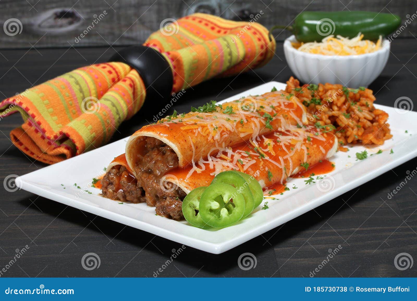 Mexican Beef Enchiladas with Rice Stock Photo - Image of hispanic ...