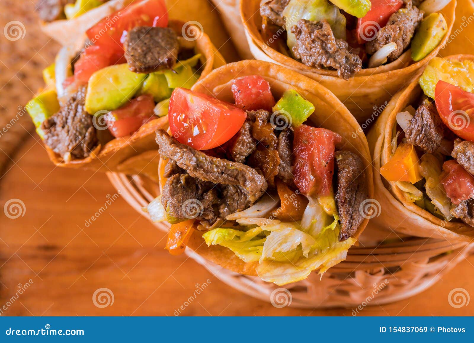 Mexican Beef Salad in Corn Taco Cones. Top View Stock Image - Image of ...