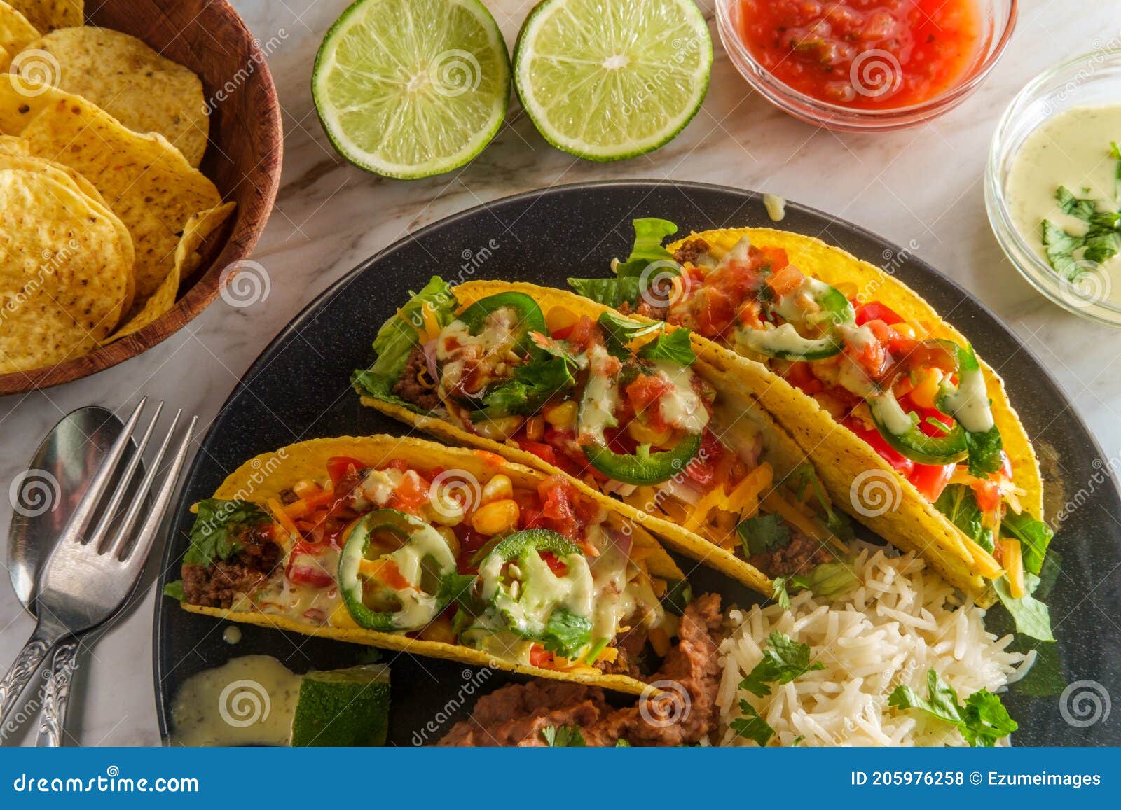 Mexican Beef Tacos Toppings Stock Photo - Image of cheese, pinto: 205976258