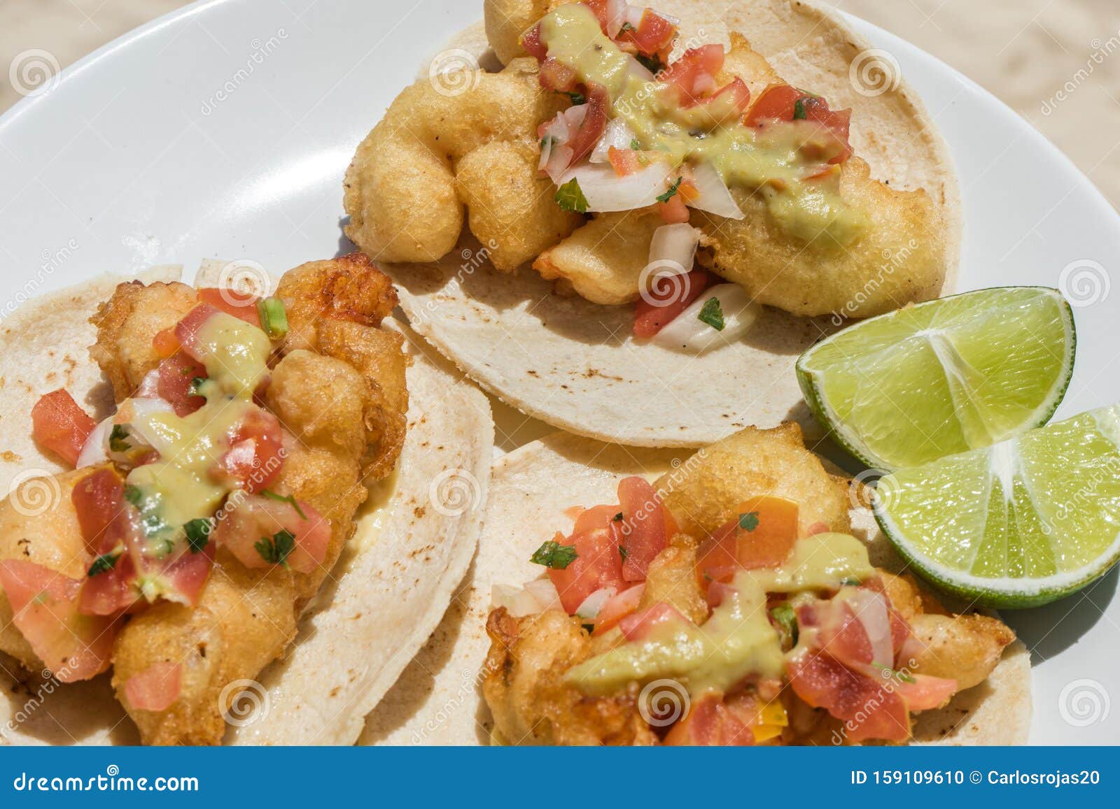 Mexican Breaded Shrimp Tacos with Sauce and Lime Stock Photo - Image of ...