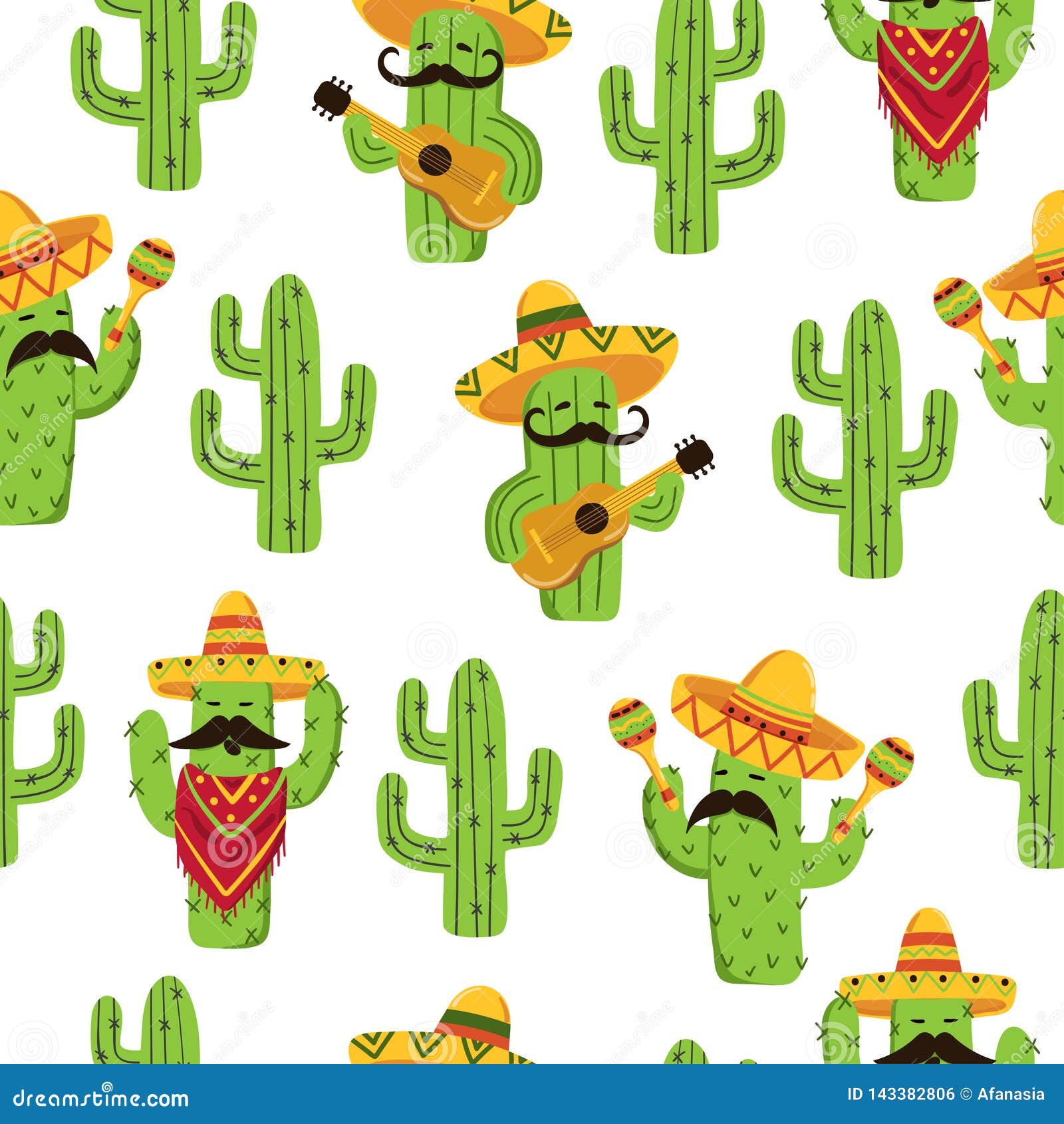Mexican Cactus Seamless Pattern. Cute Cactus with Guitar, Sombrero ...