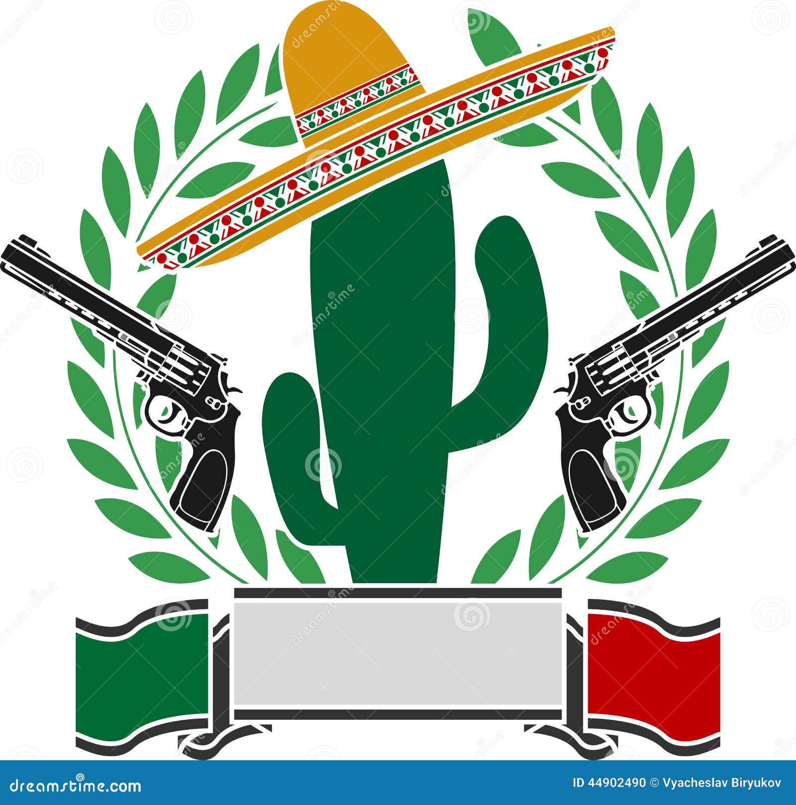 The Mexican Cactus and Two Pistols and Laurel Wreath Stock Vector ...