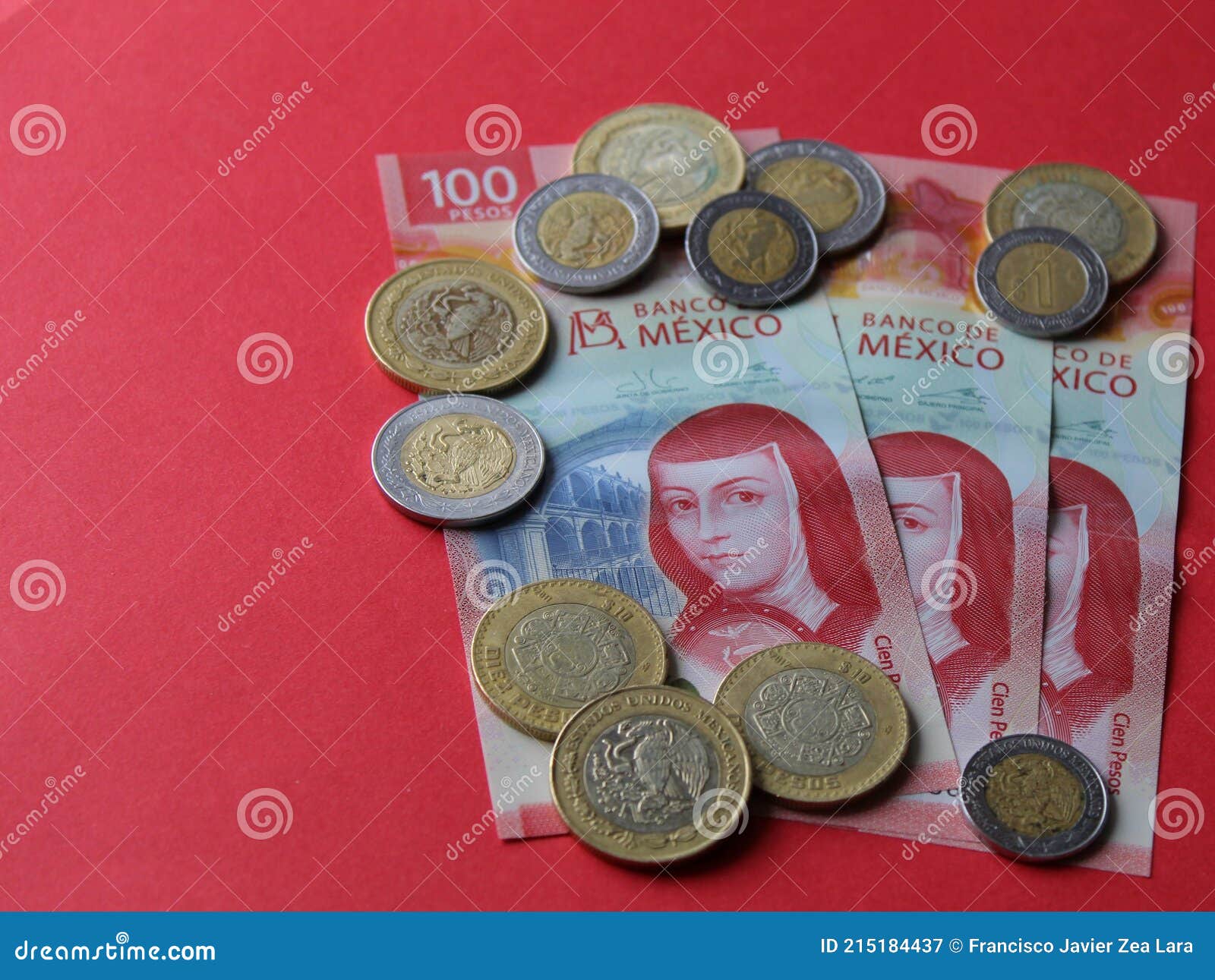 Mexican Coins and Banknotes of 100 Pesos on the Red Background Stock ...