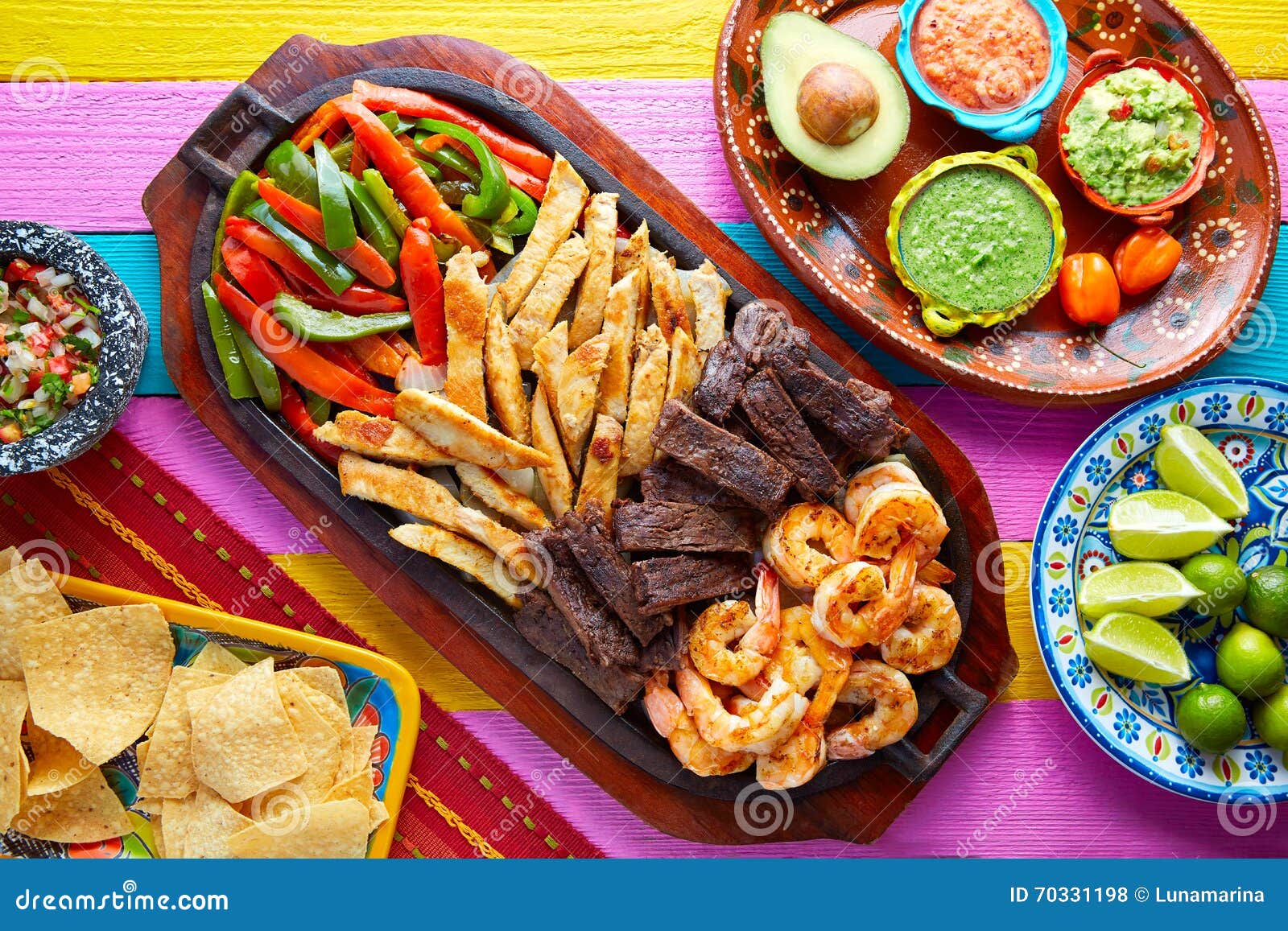 Mexican Combo Beef Chicken Fajitas Shrimp Stock Photo - Image of beef ...
