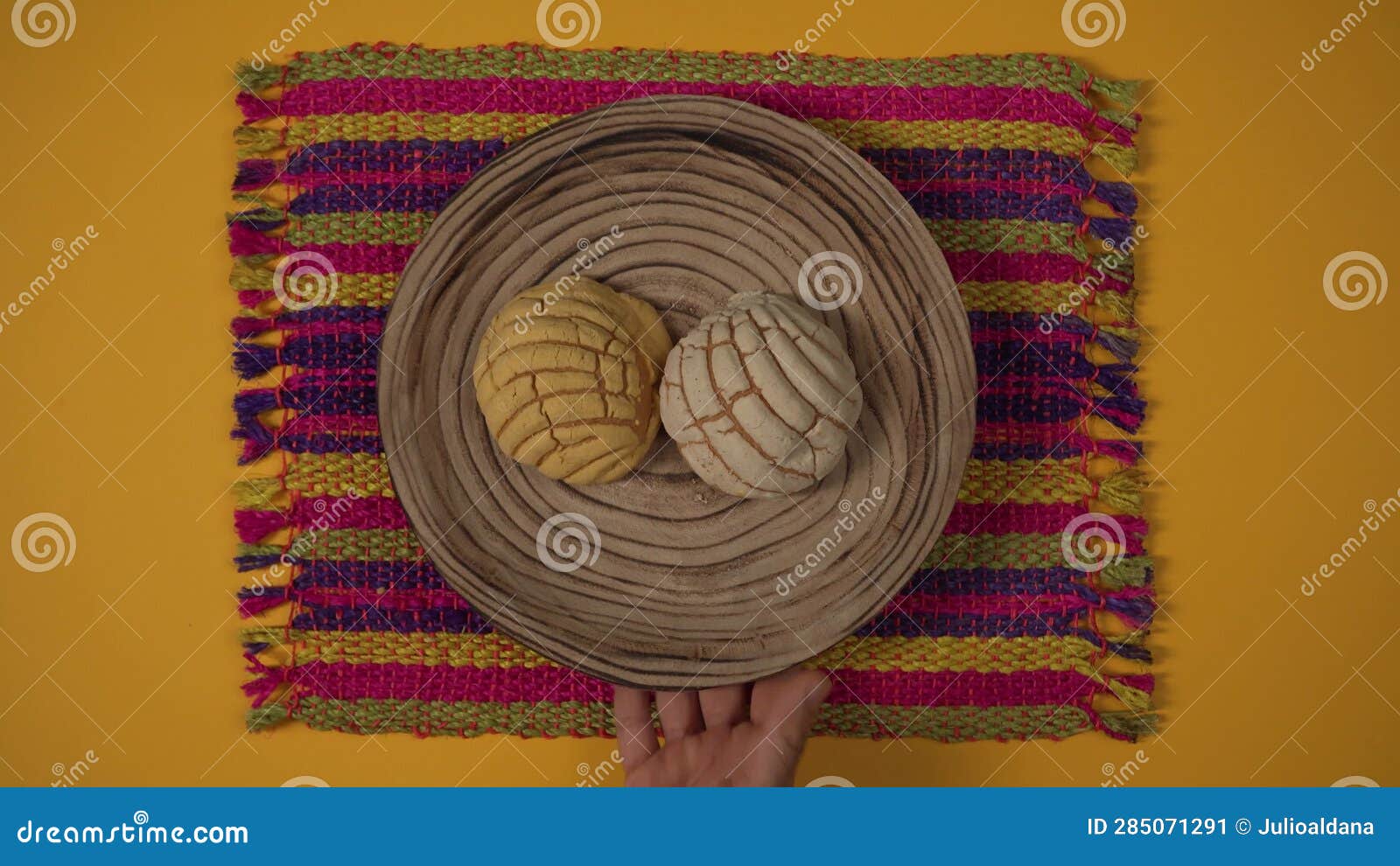 Mexican Concha Sweet Bread Scone Tablecloth and Yellow Surface Putting ...