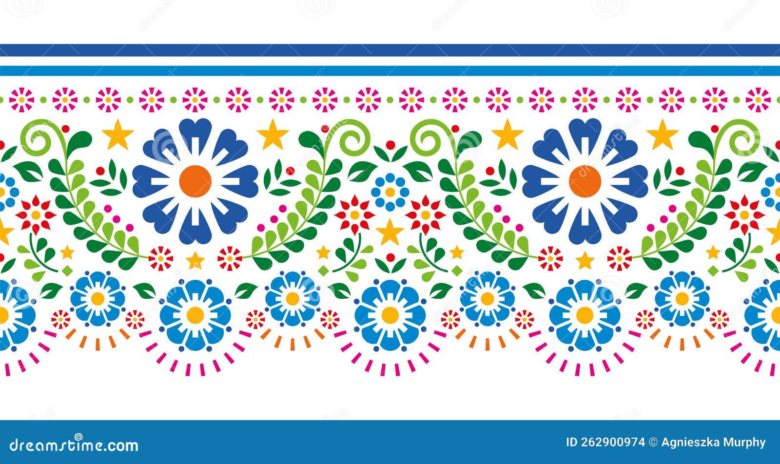 Mexican Folk Art Style Vector Seamless Long Horizontal Pattern with ...