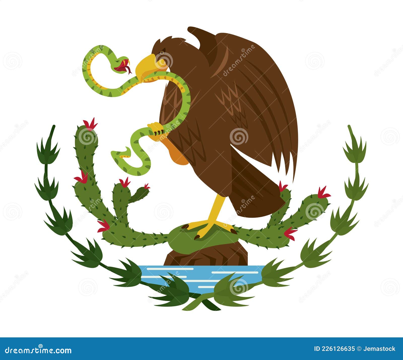Mexican Eagle Devouring Snake Etching Vector Illustration ...