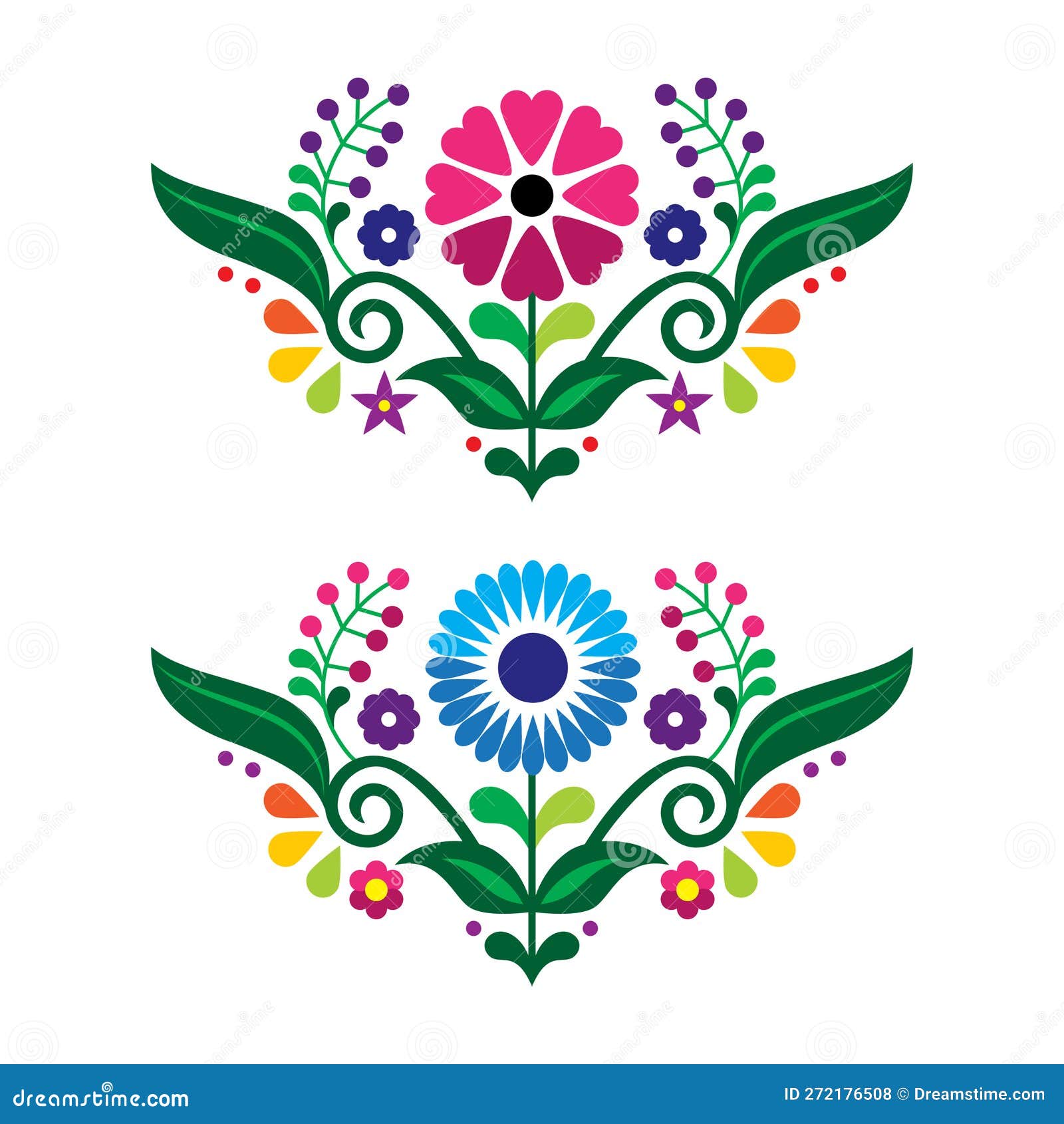 Mexican Traditional Folk Art Style Vector Floral Two Design Set ...