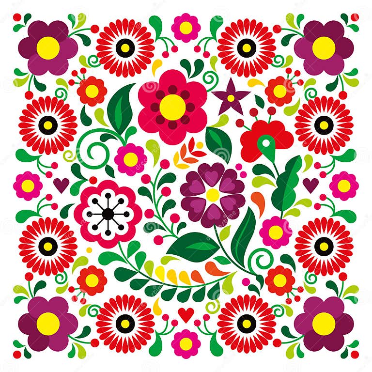Mexican Retro Folk Art Style Vector Floral Pattern in Square, Greeting ...