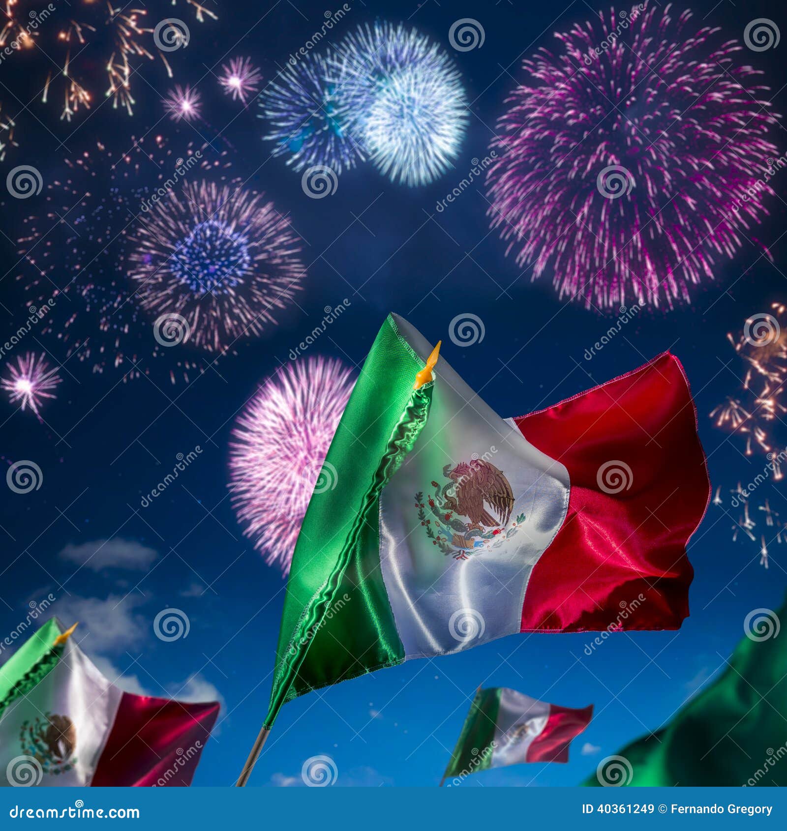 Mexican Flags with Fireworks, Independence Day, Cinco De Mayo Ce Stock ...