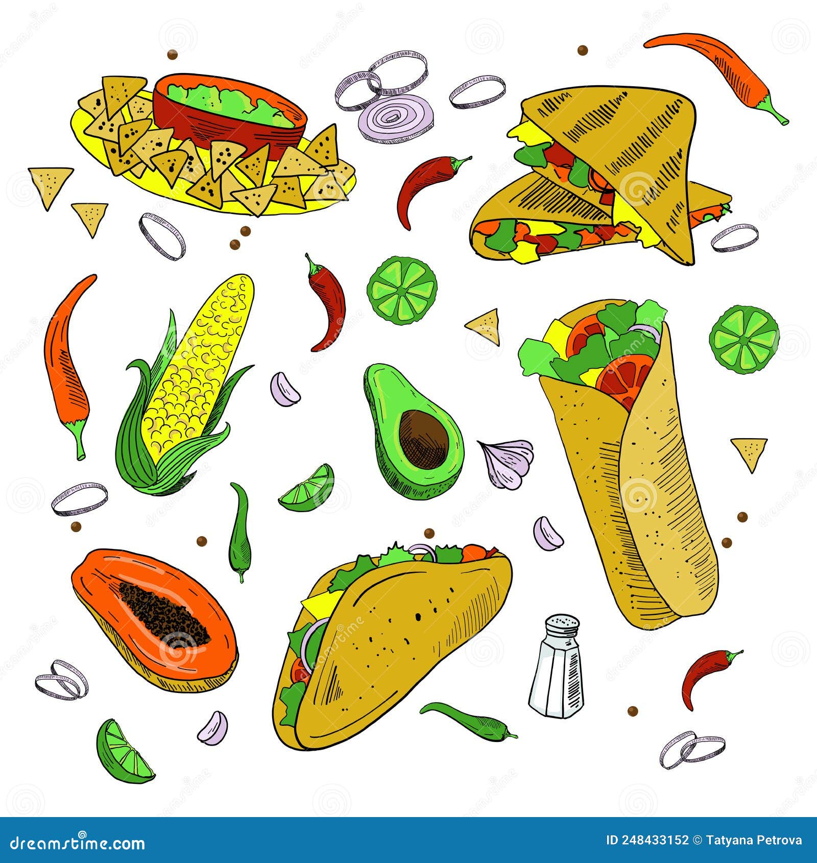 Mexican Food. Collection of Cartoon Sketch Illustrations Stock Vector ...