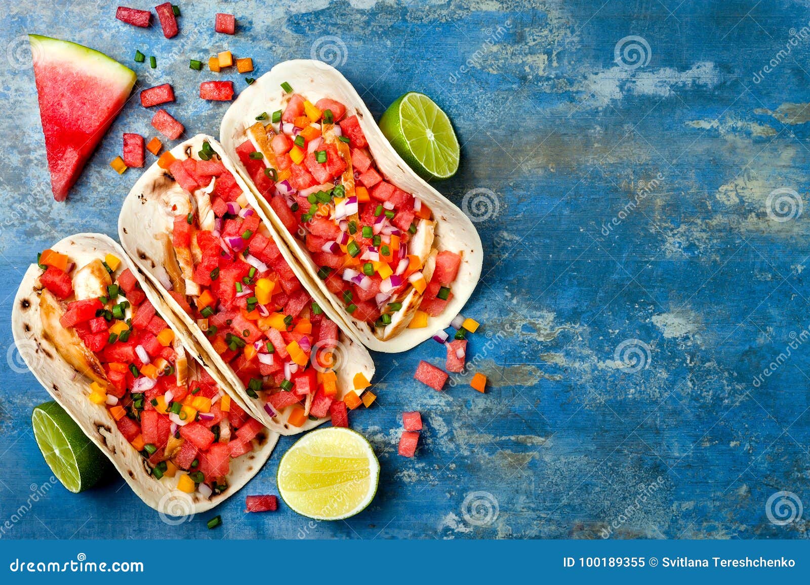 Mexican Grilled Chicken Tacos with Watermelon Salsa. Stock Image ...