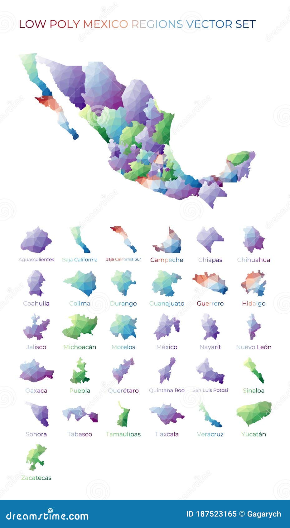 Mexican low poly regions. stock vector. Illustration of outline - 187523165