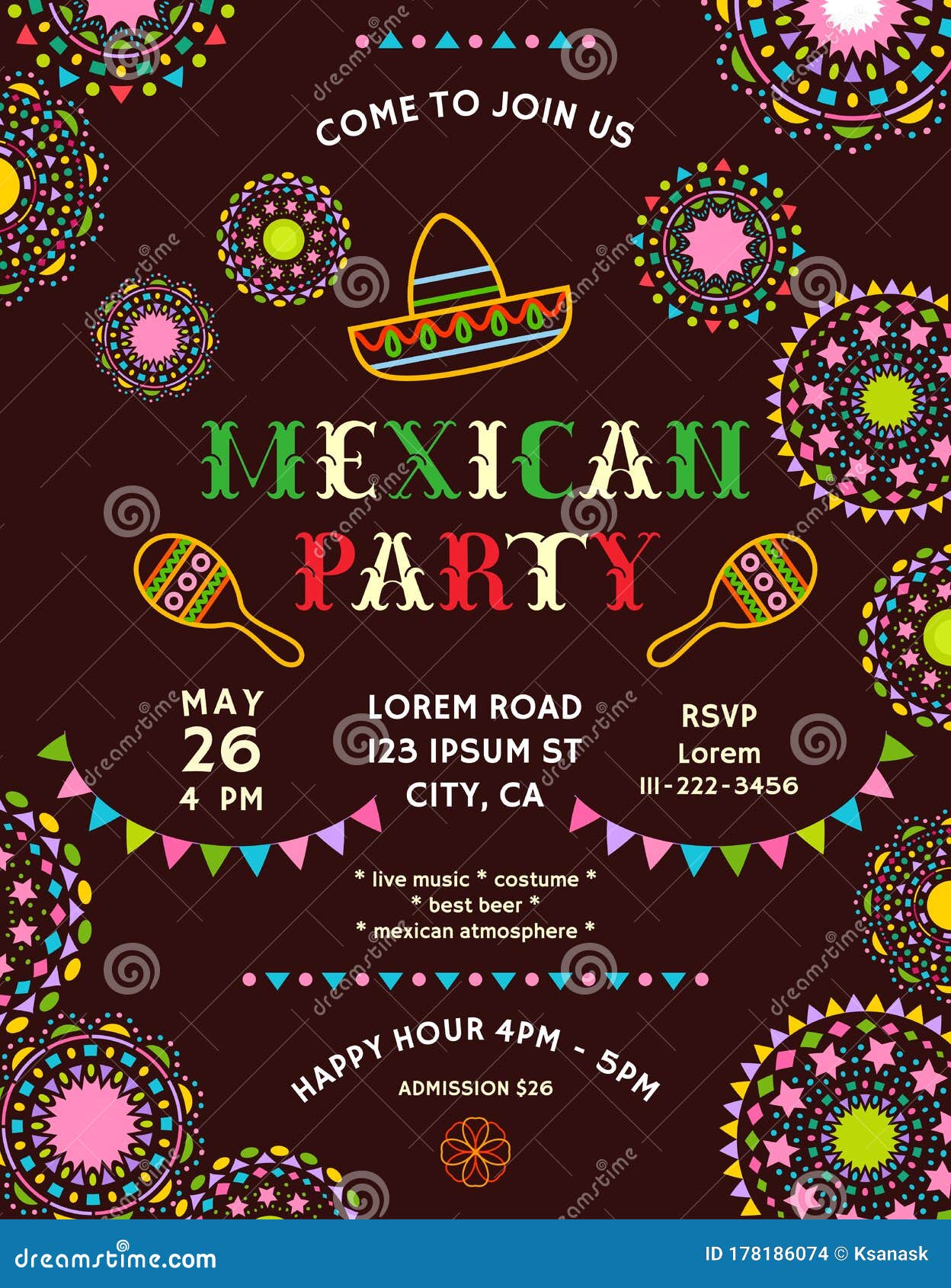 Mexican Party Announcing Poster Template with Decorative Elements ...