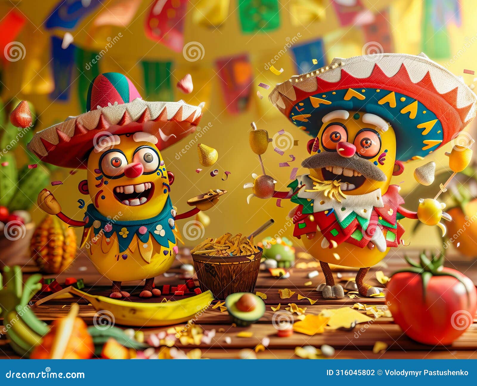 Mexican Party with Cartoon Characters Stock Photo - Image of fruit ...