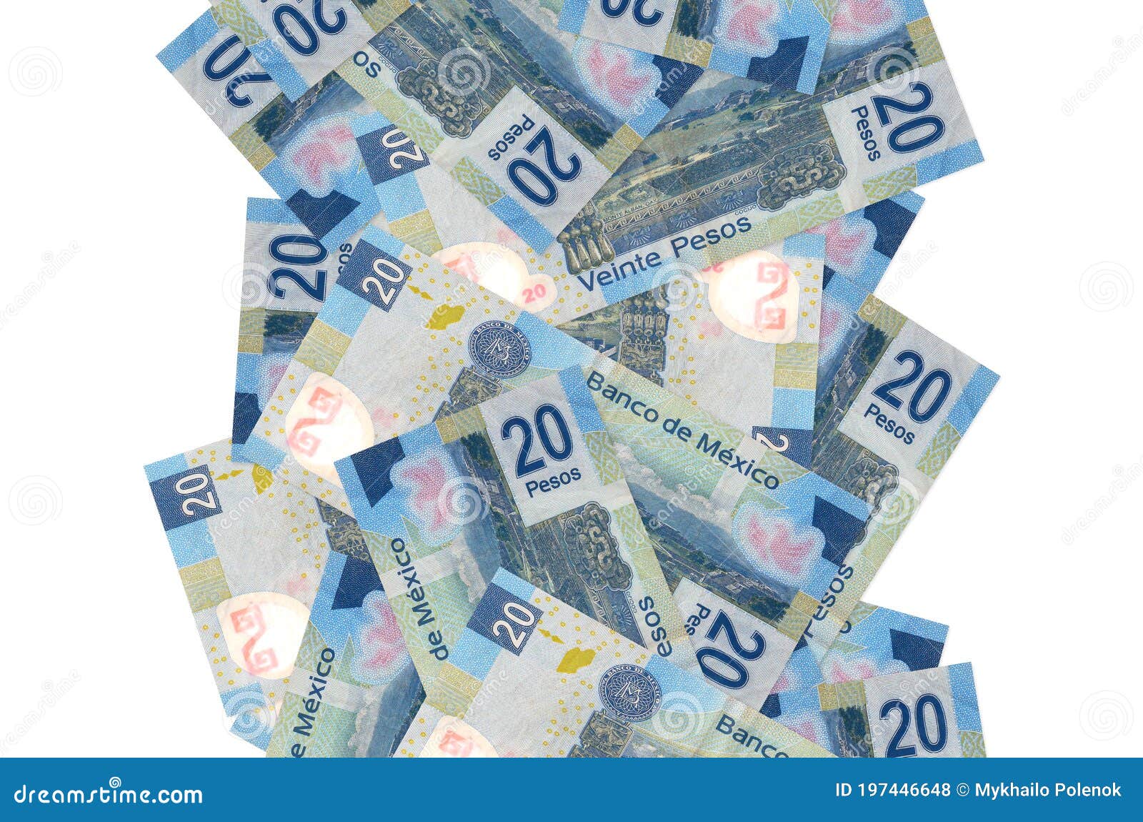 20 Mexican Pesos Bills Flying Down Isolated on White. Many Banknotes ...