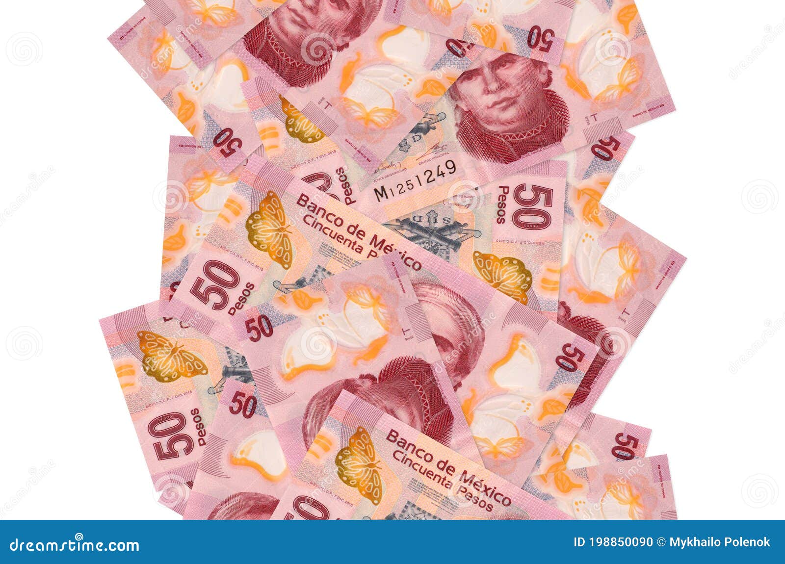 50 Mexican Pesos Bills Flying Down Isolated on White. Many Banknotes ...
