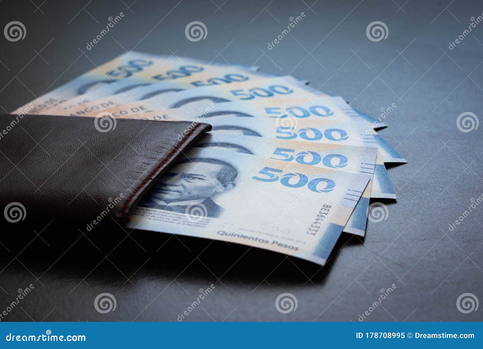 Mexican 500 Pesos Pile of Blue Bucks Inside a Wallet Perspective Stock ...