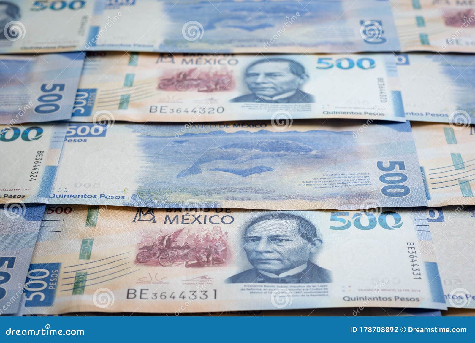 Mexican 500 Pesos Pile of Blue Bucks Stack on Top Center Close Up Stock ...