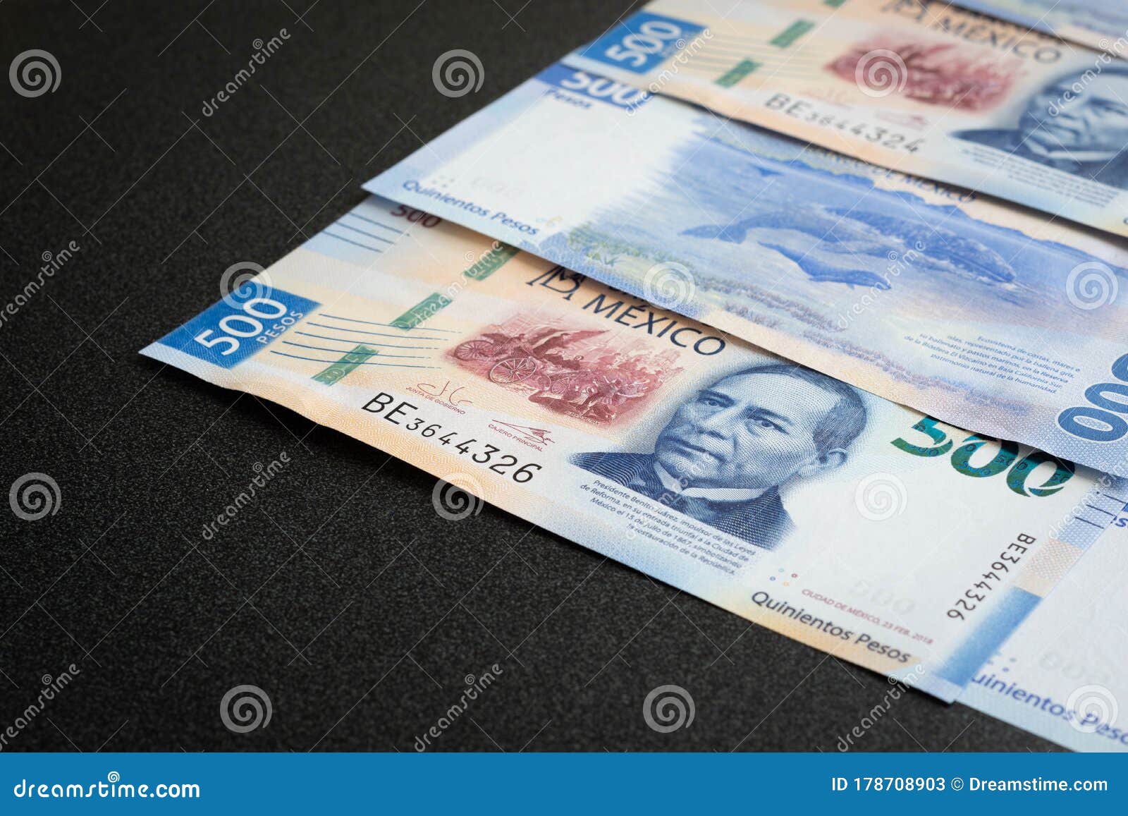 Mexican 500 Pesos Pile of Blue Bucks Stack on Top Corner Stock Image ...