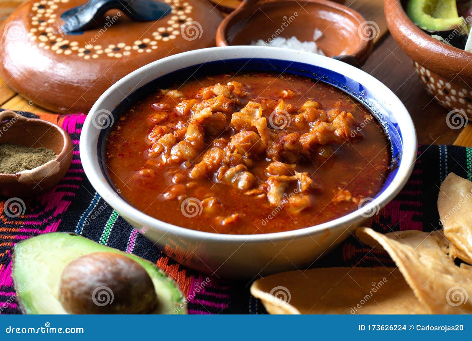 Mexican red pozole soup stock photo. Image of lemon - 173626224
